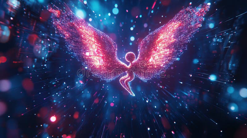 Futuristic Neon Angel with Glowing Wings in Cosmic Digital Realm Stock ...