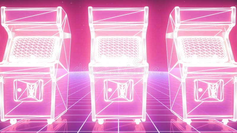 Futuristic Neon Arcade Machines in Retro Wireframe Style on Grid ...