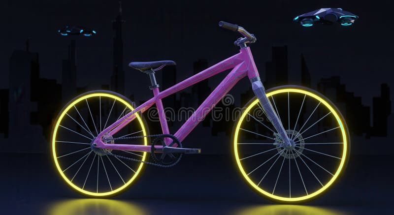Futuristic Neon Bicycle with Glowing Wheels in Urban Nightscape Stock ...