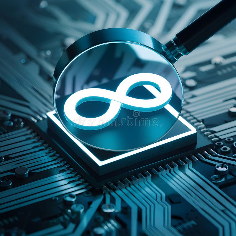 Futuristic Neon Blue Infinity Symbol on Square Platform, Intricate ...