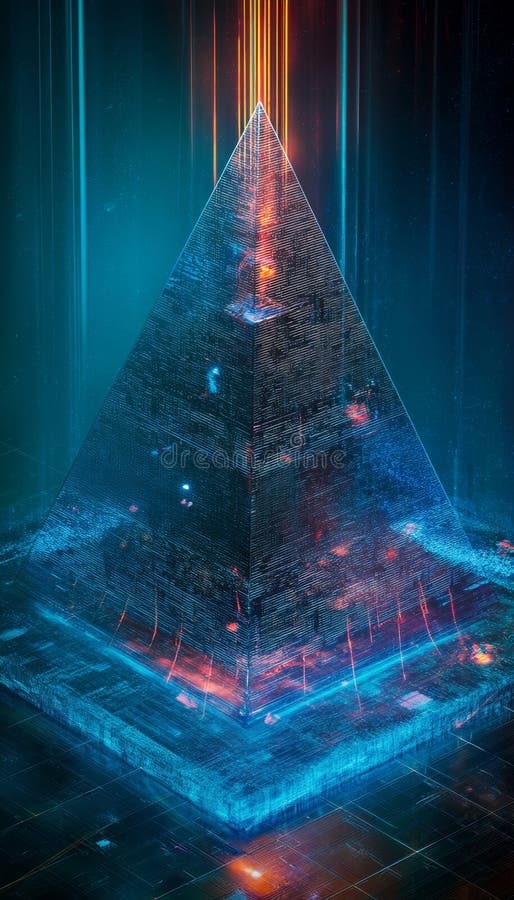 Futuristic Neon Blue and Orange Pyramid with Light Beams on Tech ...