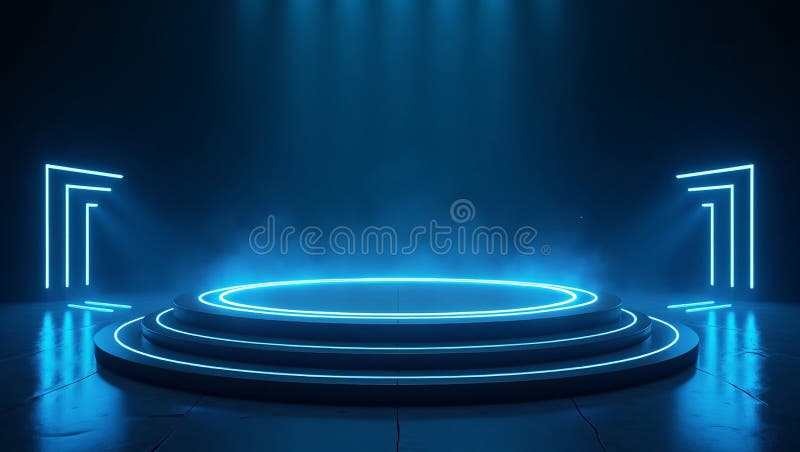 Futuristic Neon Blue Stage Background with Glowing Lights for Digital ...