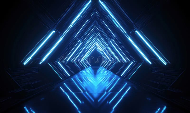 Futuristic Neon Blue Tunnel with Glowing Triangular Patterns and ...