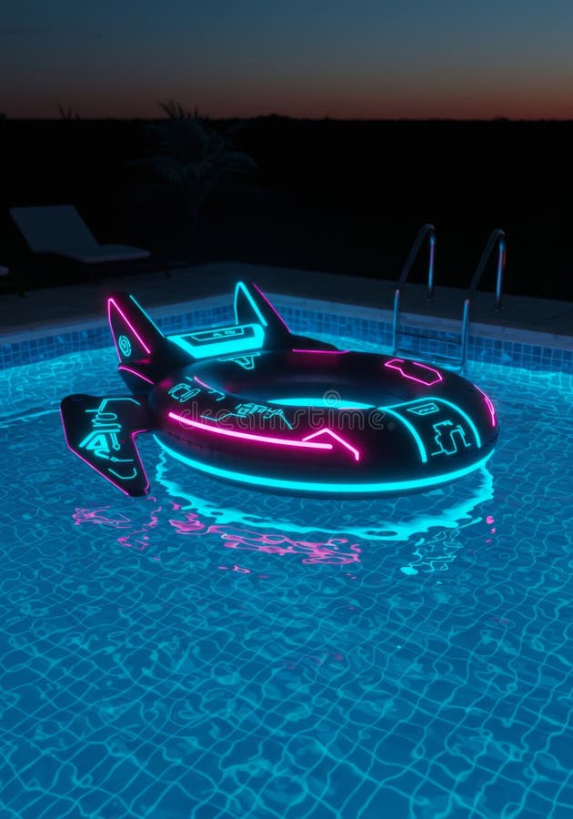 Futuristic Neon Boat in a Nighttime Pool Stock Illustration ...