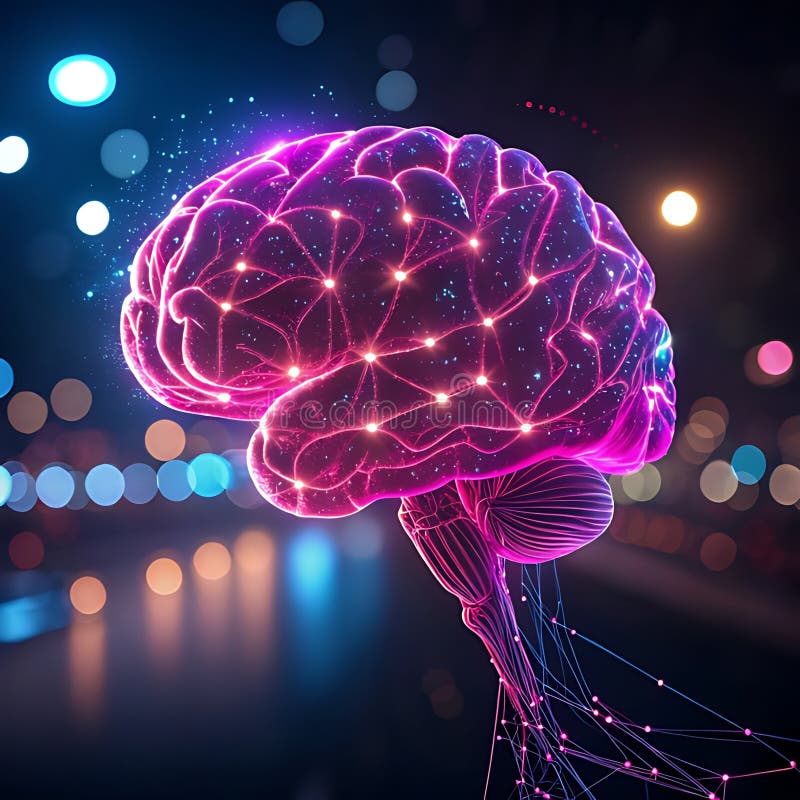 Futuristic Neon Brain Illustration with Neural Network Connections ...