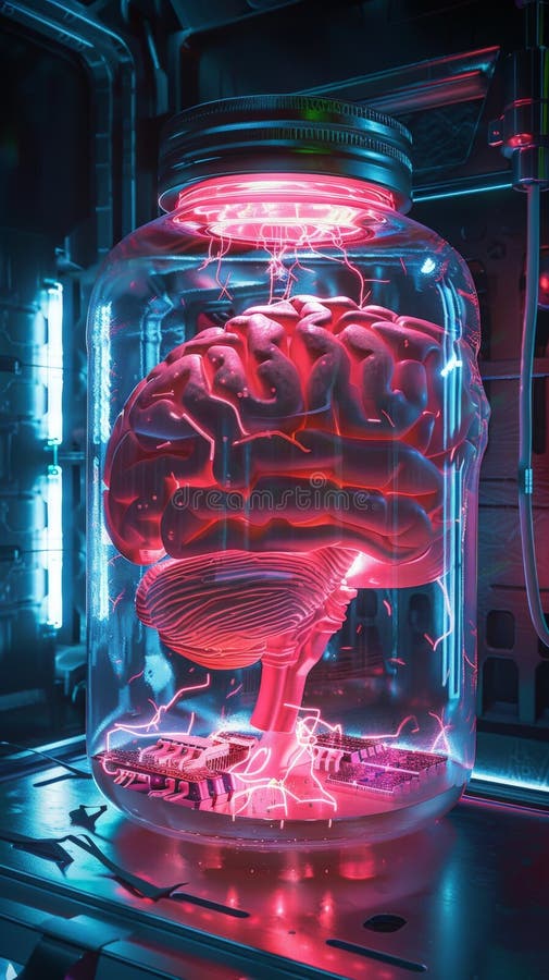 Futuristic Neon Brain in a Jar with Circuitry and Electric Glows Stock ...