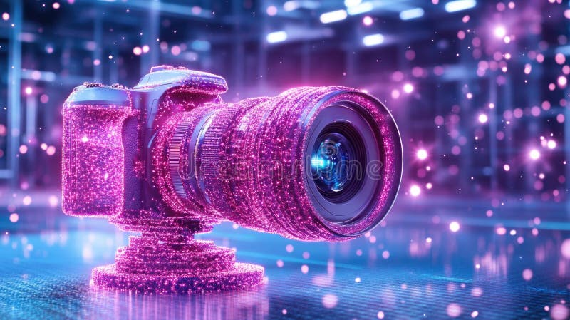 Futuristic Neon Camera with Digital Effects in Cyberpunk Style Stock ...