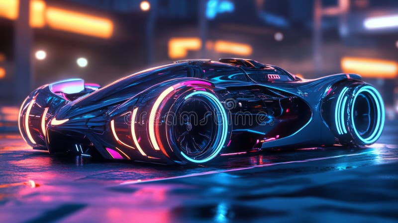 Futuristic Neon Car in City at Night Stock Illustration - Illustration ...