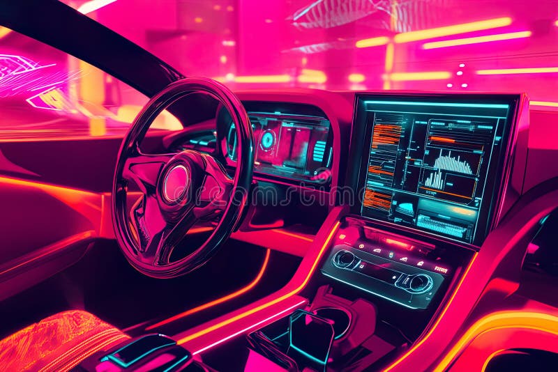 Futuristic Neon Car Interior with Digital Displays and Vibrant Lighting ...