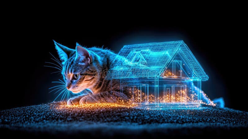 Futuristic Neon Cat with Holographic House in Dark Surreal Setting ...