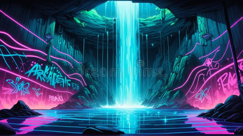 Futuristic Neon Cave with Waterfall and Graffiti Art Stock Image ...