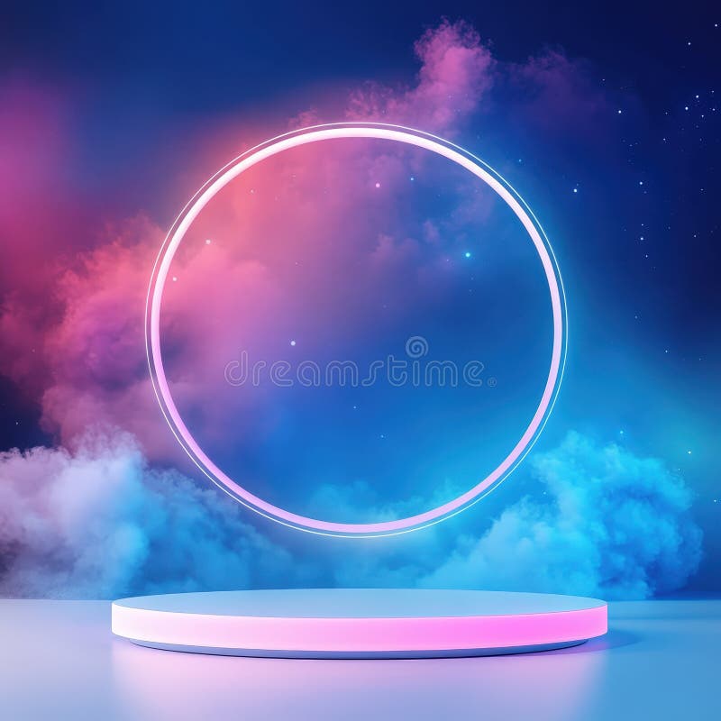 Futuristic Neon Circle and Pedestal Stage with Cosmic Clouds Stock ...