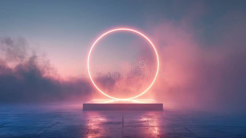A Futuristic Neon Circle on a Platform Illuminated with Pink and Blue ...