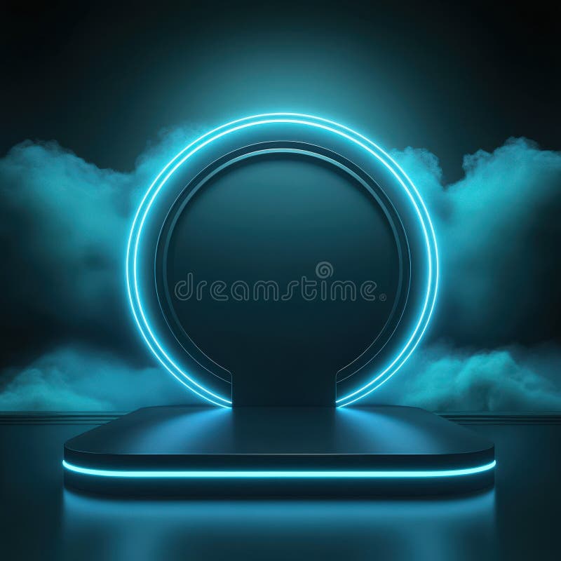 Futuristic Neon Circle Platform with Smoke and Glowing Lights. Stock ...
