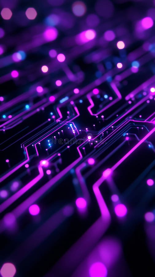 Futuristic Neon Circuit Board Design with Glowing Purple Lights Stock ...