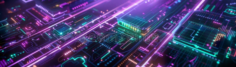 Futuristic Neon Circuit Board with Glowing Lights Stock Illustration ...