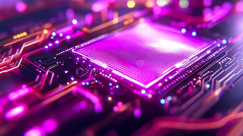 Futuristic Neon Circuit Board Illuminated Microchip Pink Purple Stock ...