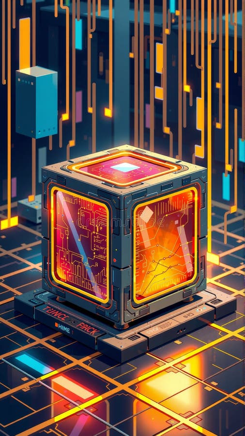 Futuristic Neon Circuit Cube in a Digital Grid Environment Stock Image - Image of bright, grid ...