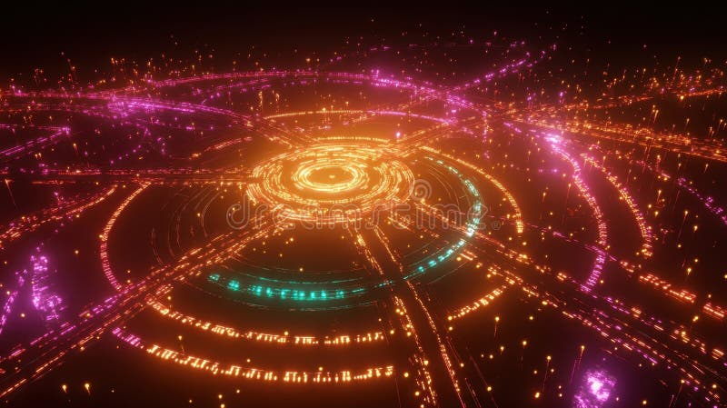 Futuristic Neon City Lights Forming Concentric Circles in Dark Space ...