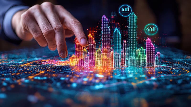 Futuristic Neon City Representing Economic Growth with Holographic Data ...