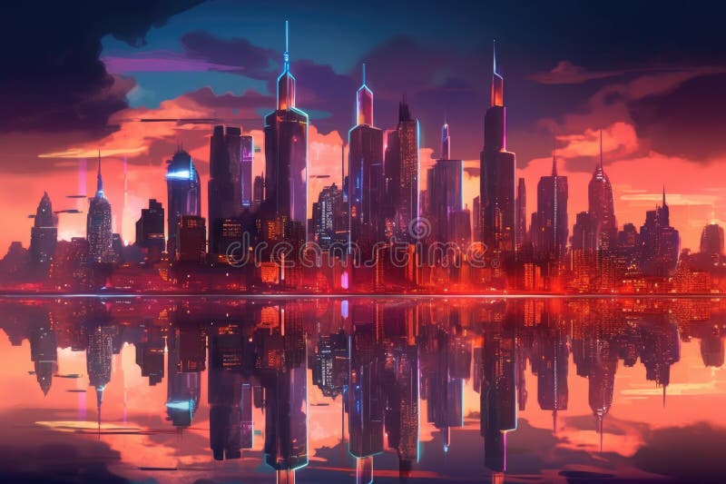 Futuristic Neon City Skyline with Glowing Lights Stock Illustration ...