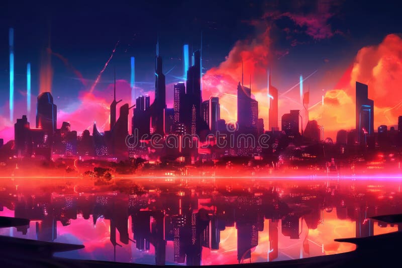 Futuristic Neon City Skyline with Glowing Lights Stock Image - Image of ...