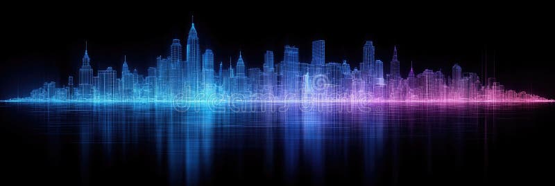Futuristic Neon City Skyline Reflecting on Water at Nighttime Stock ...