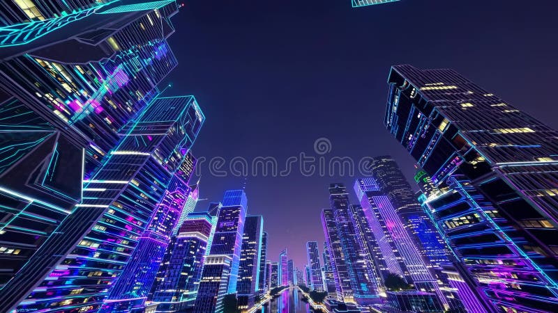 Futuristic Neon Cityscape with Dynamic Light Patterns and Skyscraper ...