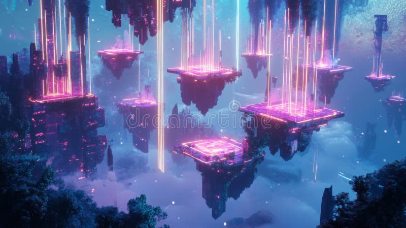 Futuristic Neon Cityscape with Floating Islands and Light Beams Stock ...