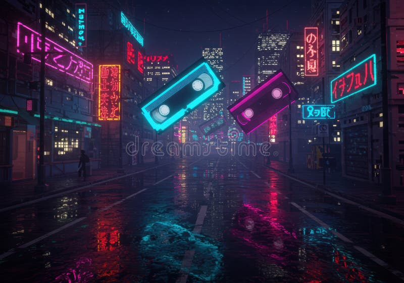 Futuristic Neon Cityscape with Floating Vhs Tapes and Reflective Wet ...