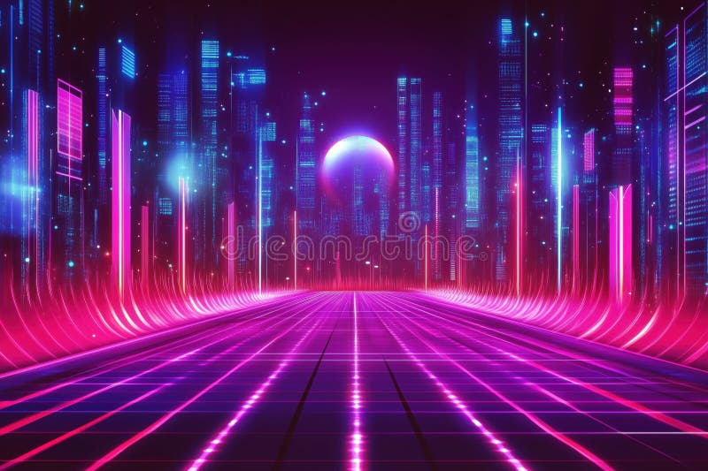 Futuristic Neon Cityscape with Glowing Grid and Vibrant Colors Stock ...