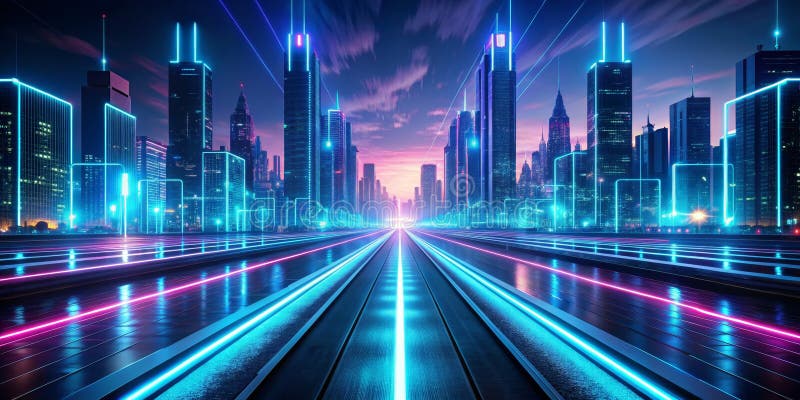 Futuristic Neon Cityscape with Glowing Road - 3D Illustration Stock ...