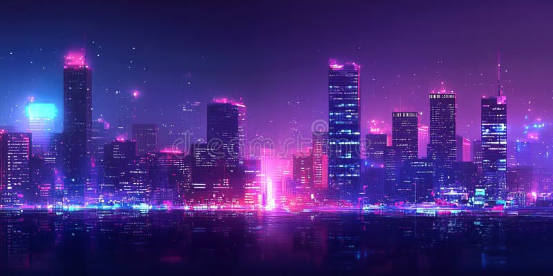 Futuristic Neon Cityscape with Glowing Skyscrapers at Night Stock Illustration - Illustration of ...