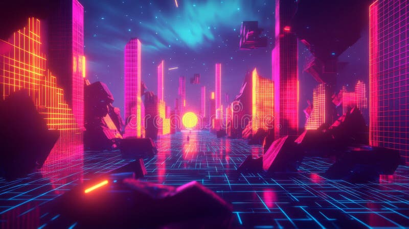 A Futuristic Neon Cityscape with a Glowing Sun Stock Illustration ...