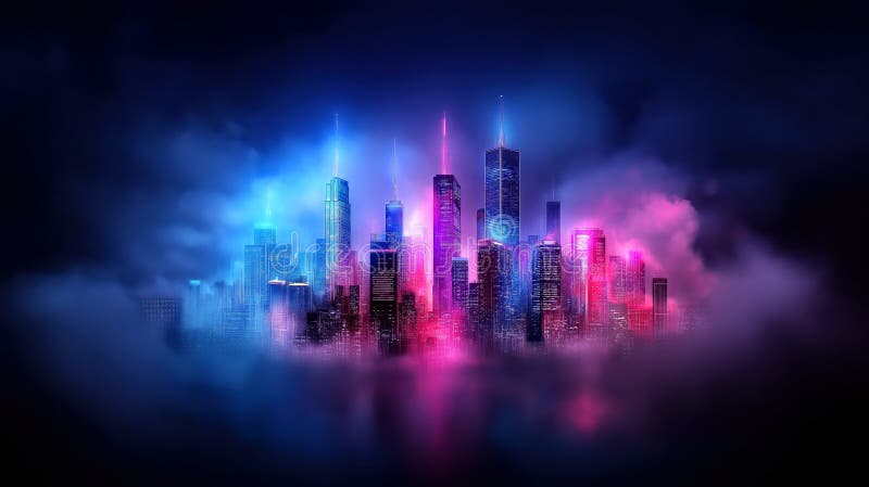 Futuristic Neon Cityscape at Night Enveloped in Mysterious Fog Stock ...