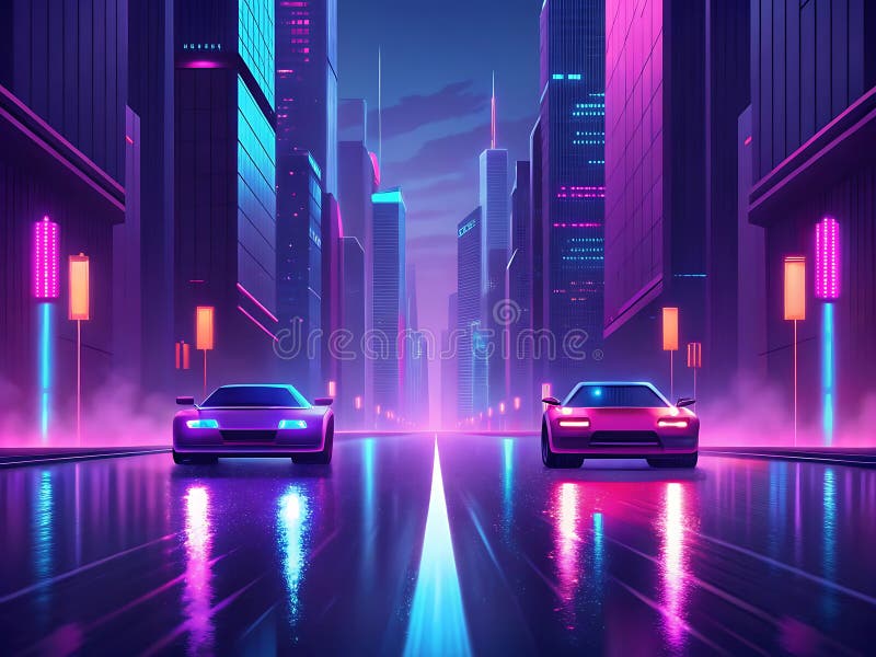 Futuristic Neon Cityscape at Night with Glowing Holograph Effects Stock ...