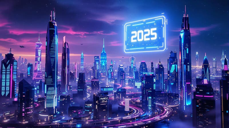 Futuristic Cityscape 2025 Neon Glow Cyberpunk Architecture Stock Photos ...