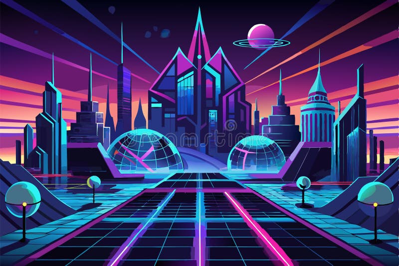 Futuristic Neon Cityscape with Retro Vibes. Vector Illustration Stock ...