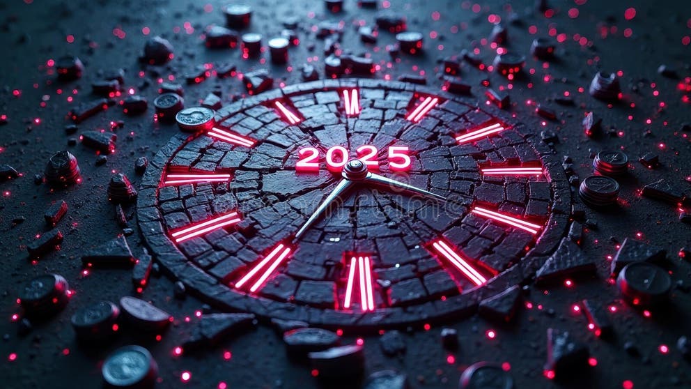 Futuristic Neon Clock Displaying 2025 with Shattered Roman Numerals and ...
