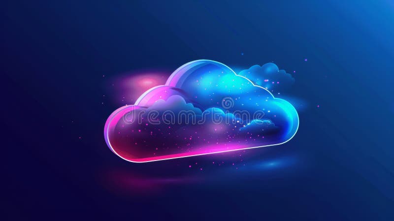 Futuristic Neon Cloud Icon on Blue Background, Representing Digital Data Storage and Big Data ...