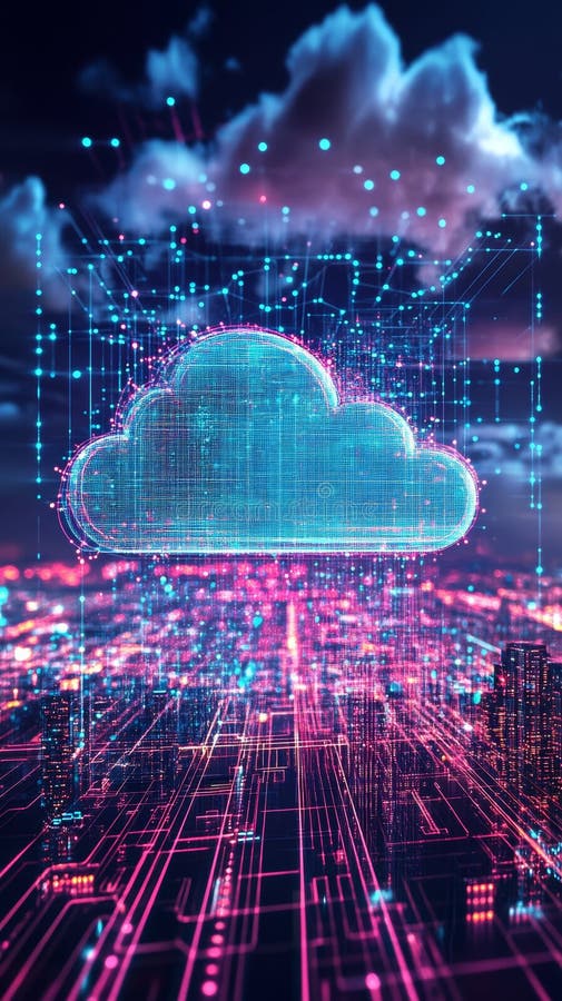 Futuristic Neon Cloud Network Over Cityscape: Pioneering the Digital ...