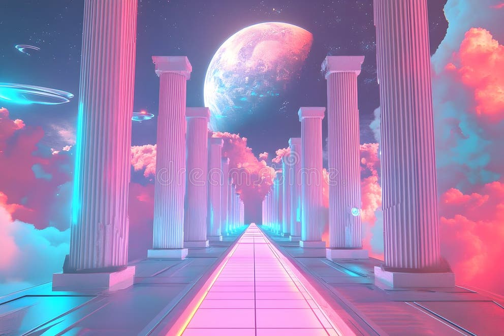 Futuristic Neon-colored Pathway with Columns and Planetary Sky Stock ...