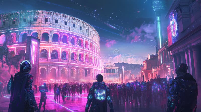 Futuristic Neon-colosseum with Diverse Crowd Under Starry Night Sky ...