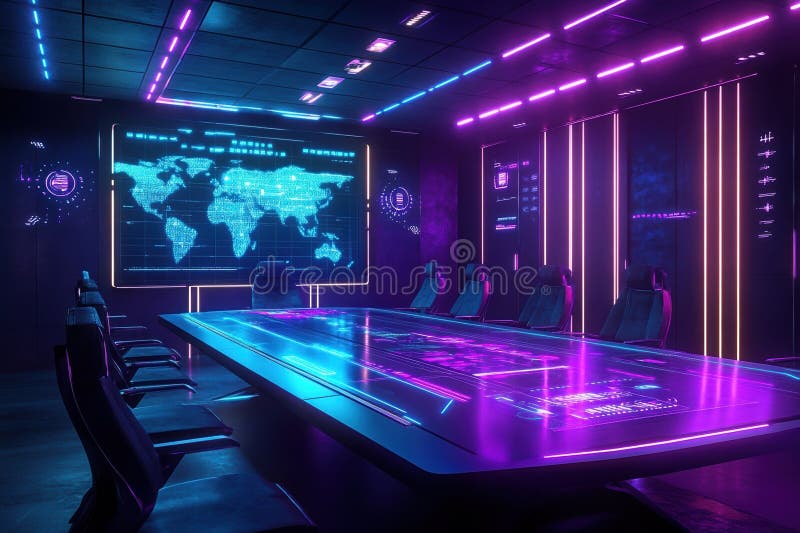 Futuristic Neon Conference Room with Digital World Map and High-tech ...