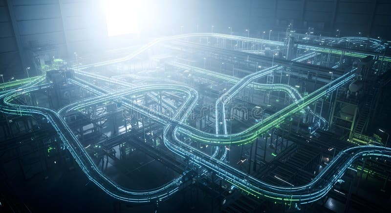 Futuristic Neon Conveyor Belt System in a Dim, Industrial, Sci-fi Factory Setting Stock ...