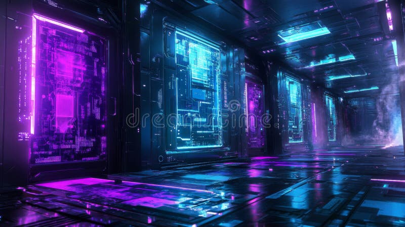 Futuristic Neon Corridor with Circuitry Panels Stock Illustration ...