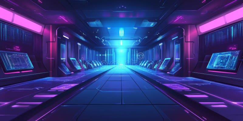 Futuristic Neon Corridor with Digital Interfaces and Blue Light Stock ...
