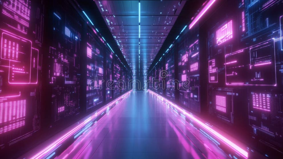Futuristic Neon Corridor Displays Digital Data Streams Stock Image ...