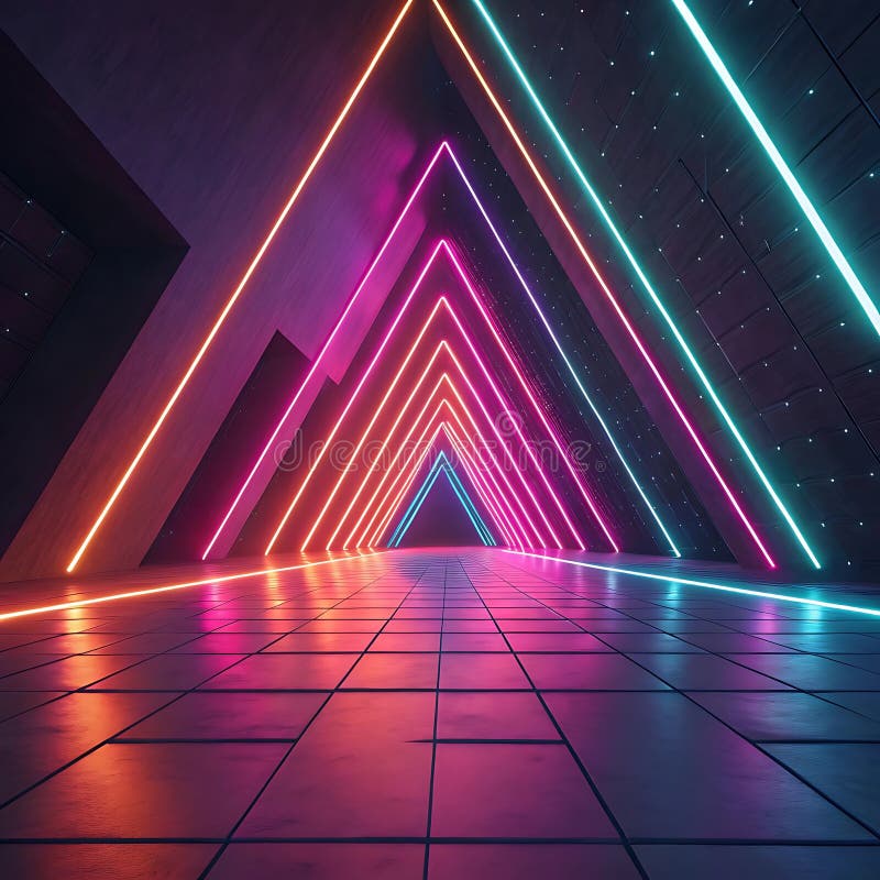 Futuristic Neon Corridor: Geometric Design with Vibrant Orange, Pink ...