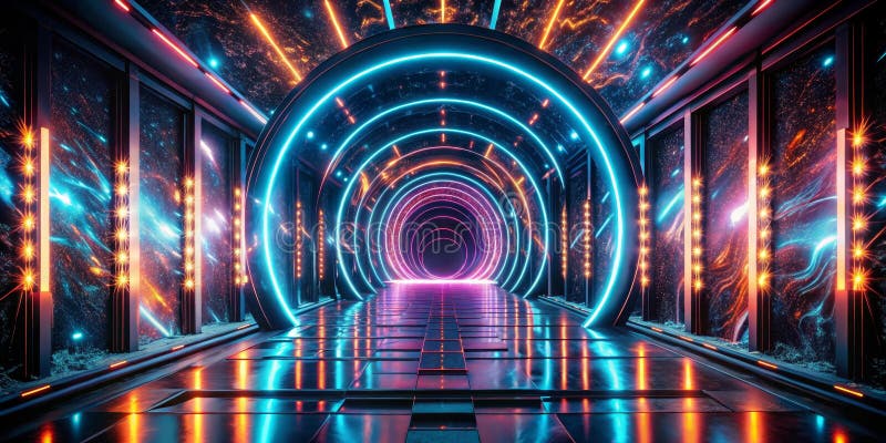 Futuristic Neon Corridor with Glowing Circular Portals and Reflective ...